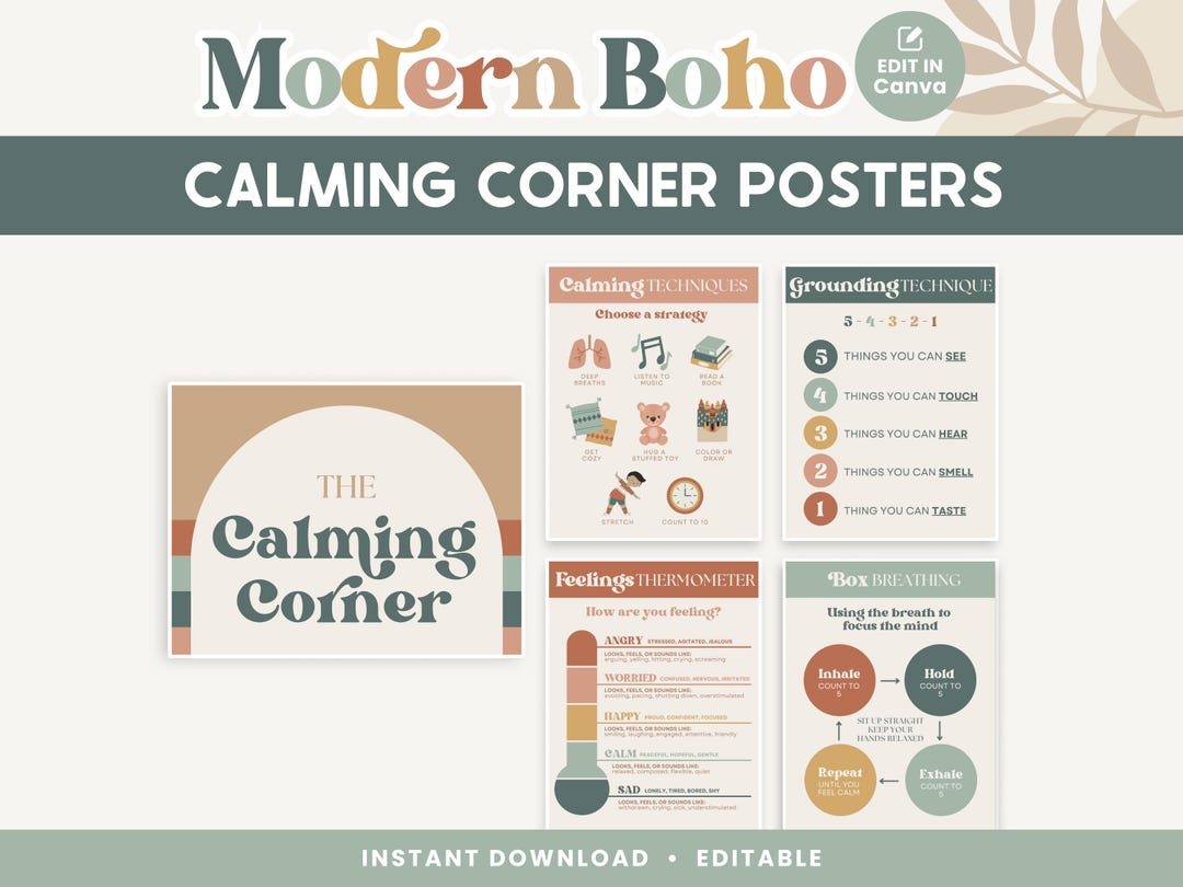 Calming Corner Editable Classroom Printables, Modern Boho Canva ...