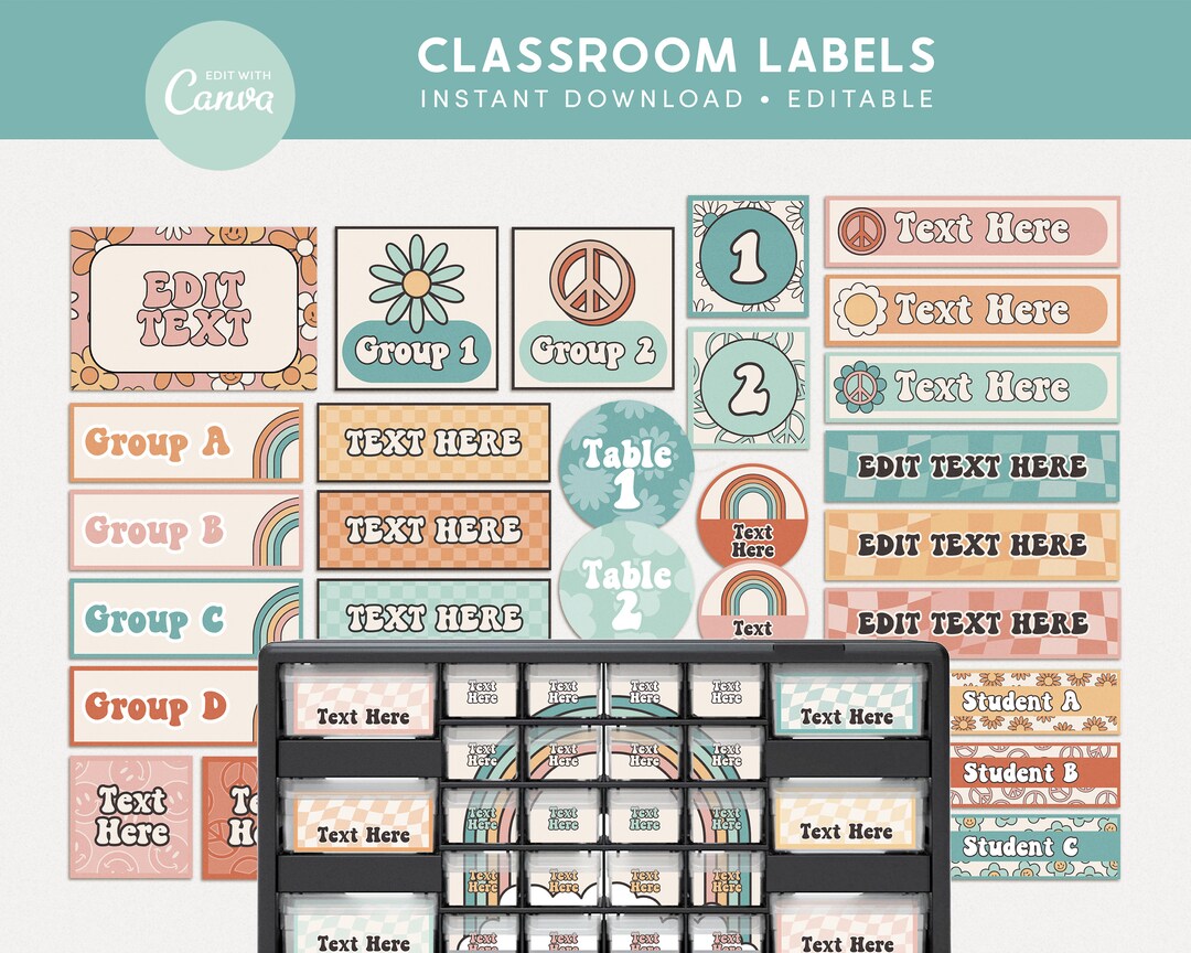 Classroom Labels Editable Templates, Groovy Retro Classroom ...