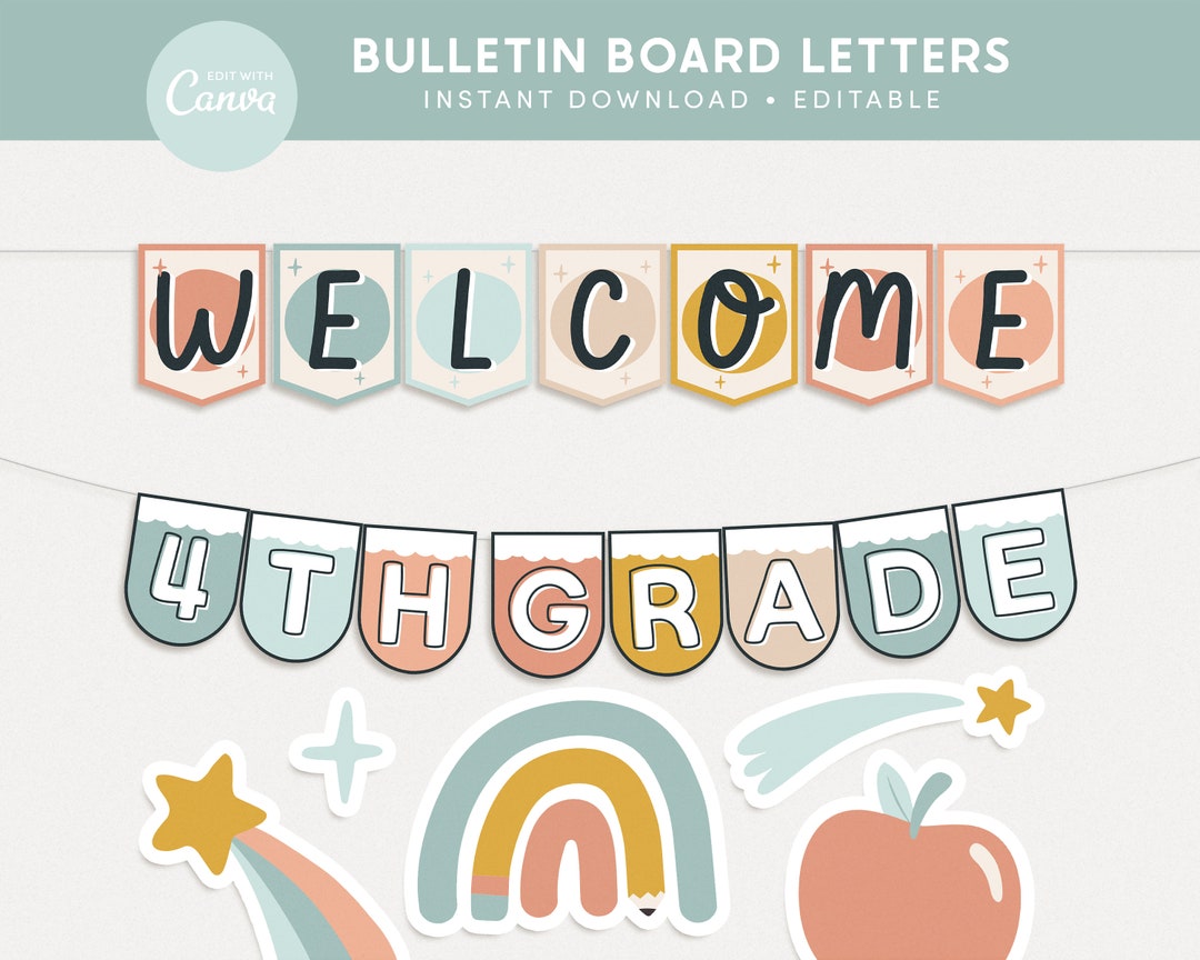 Classroom Bulletin Board Letters, Editable in Canva, Rainbow Pastel ...