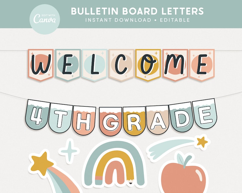 Classroom Bulletin Board Letters, Editable in Canva, Rainbow Pastel ...