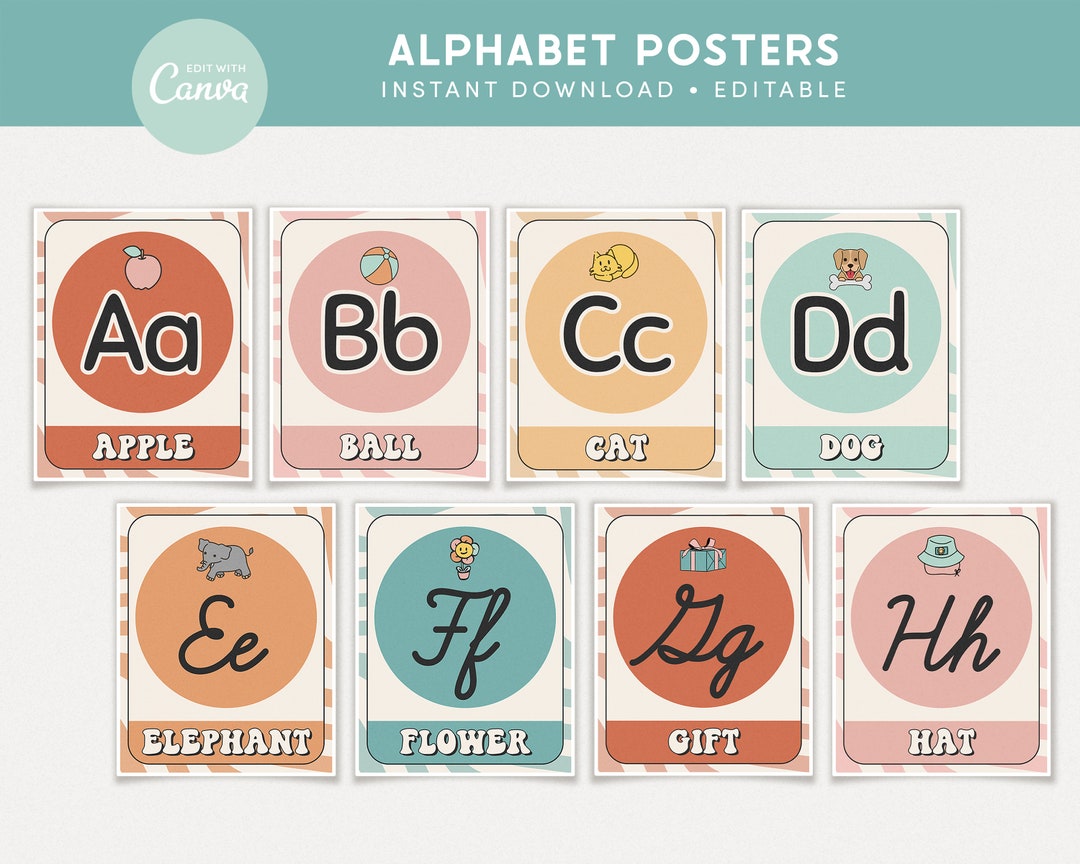 Alphabet Classroom Editable Posters, Groovy Letter Templates, Retro ...