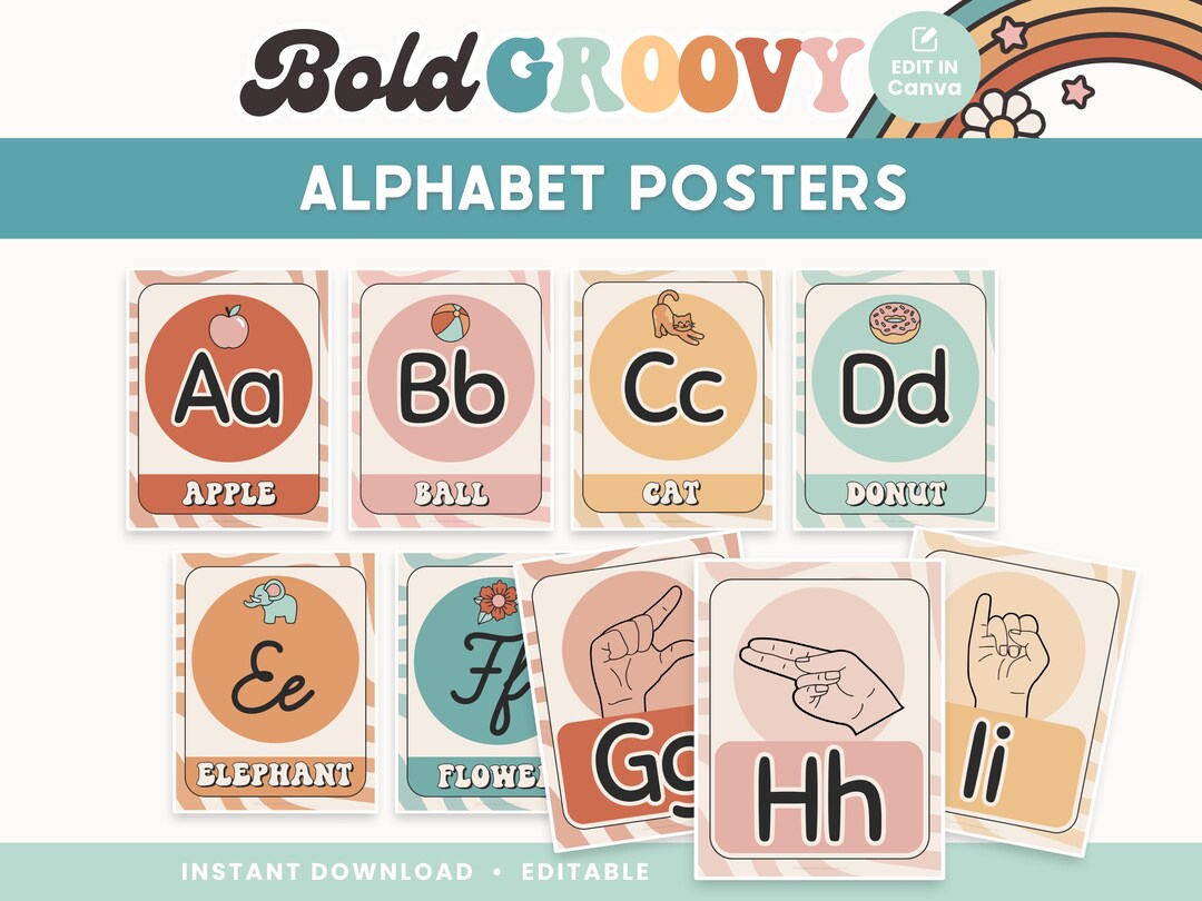Alphabet Classroom Editable Posters, Groovy Letter Templates, Retro ...