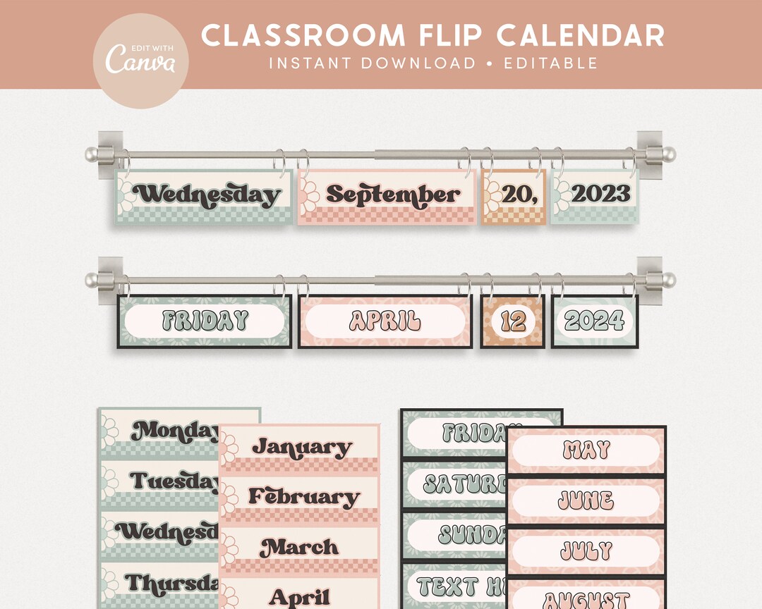 Classroom Flip Calendar Display, Pastel Retro Classroom Decor, Editable ...