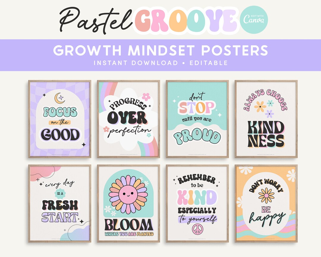 Growth Mindset Editable Classroom Printable Posters, Groovy Pastel ...