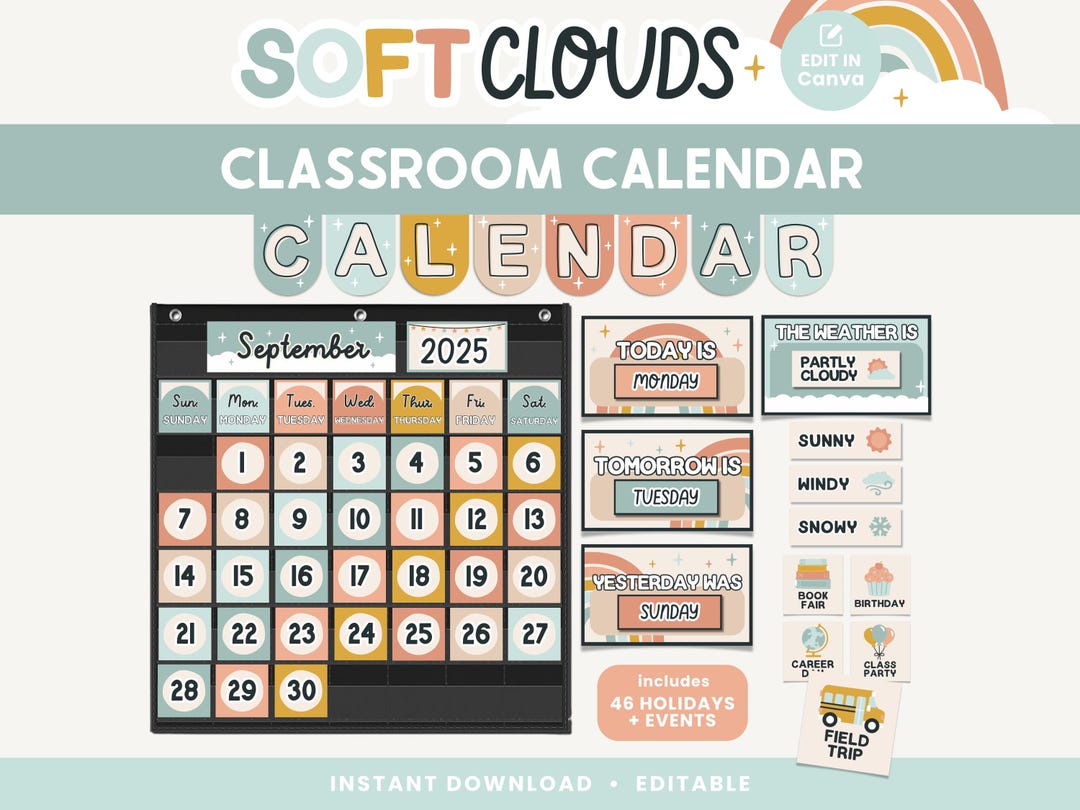 Classroom Calendar Display and Weather Station, Printable Pastel Soft ...