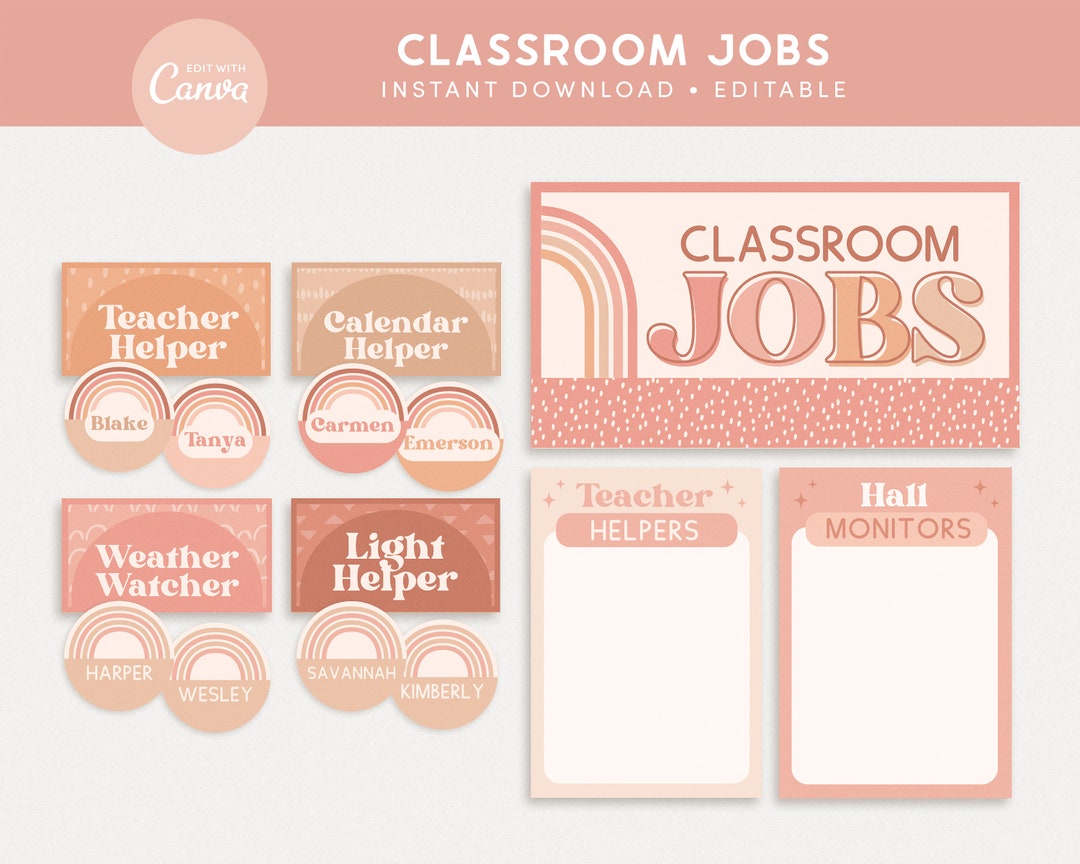 Classroom Job Display, Editable Canva Templates, Rosy Boho Classroom ...