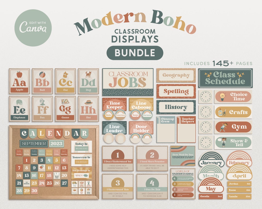 Editable Classroom Decor Modern Boho Bundle Printable Canva - Etsy