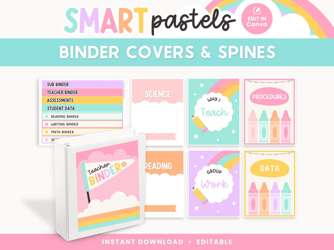 Classroom Binder Covers and Spines, Editable Pastel Rainbow Teacher ...