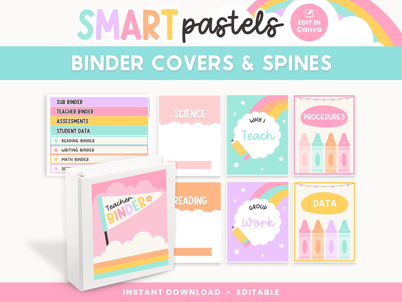Classroom Binder Covers and Spines, Editable Pastel Rainbow Teacher ...