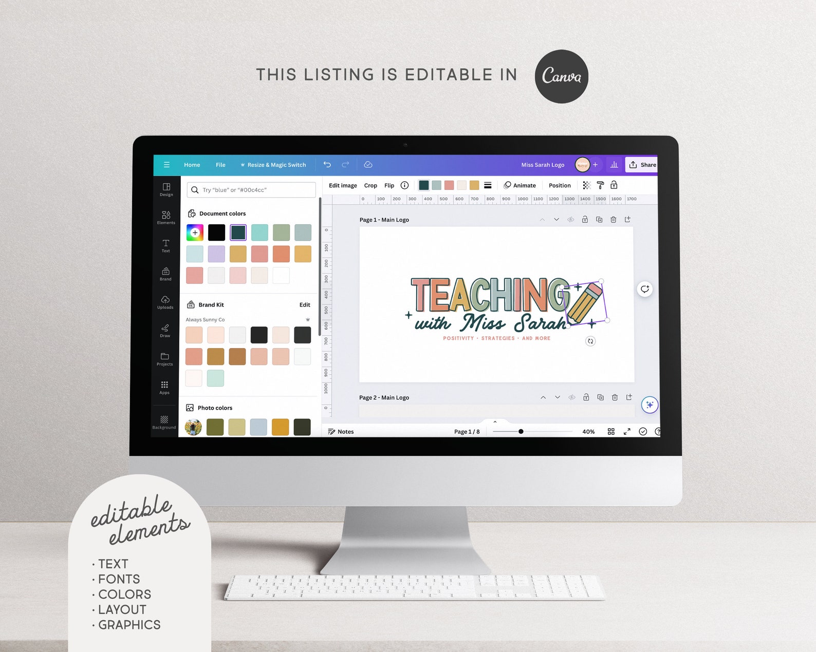 Colorful Teacher Logo Design Editable Canva Template, Charming and ...
