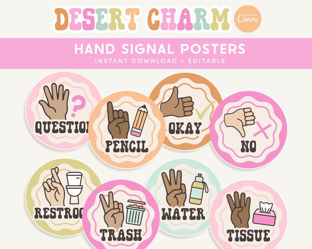 Classroom Hand Signals Poster Display, Editable in Canva, Bright Desert ...