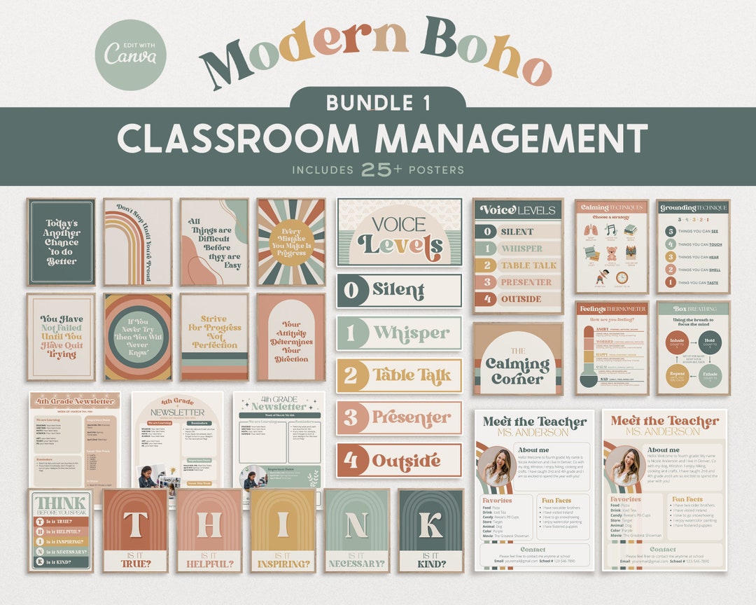Editable Classroom Management Printable Bundle, Modern Boho Canva ...