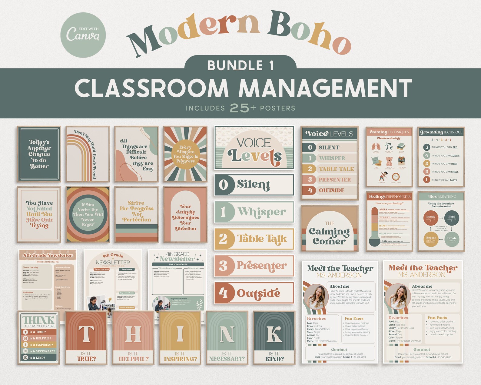 Editable Classroom Management Printable Bundle, Modern Boho Canva ...