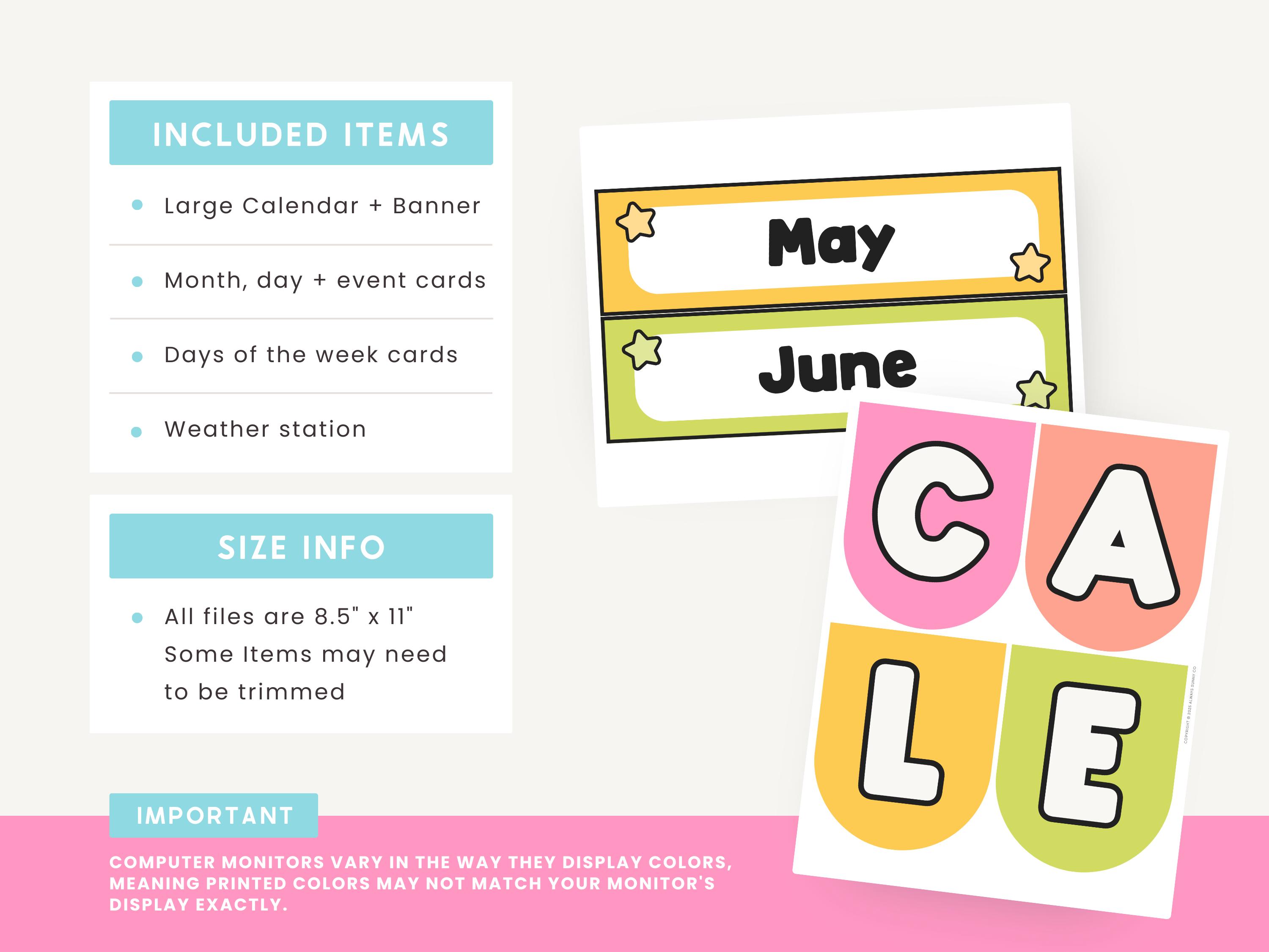 Classroom Calendar Display and Weather Station, Printable Cute Bright ...