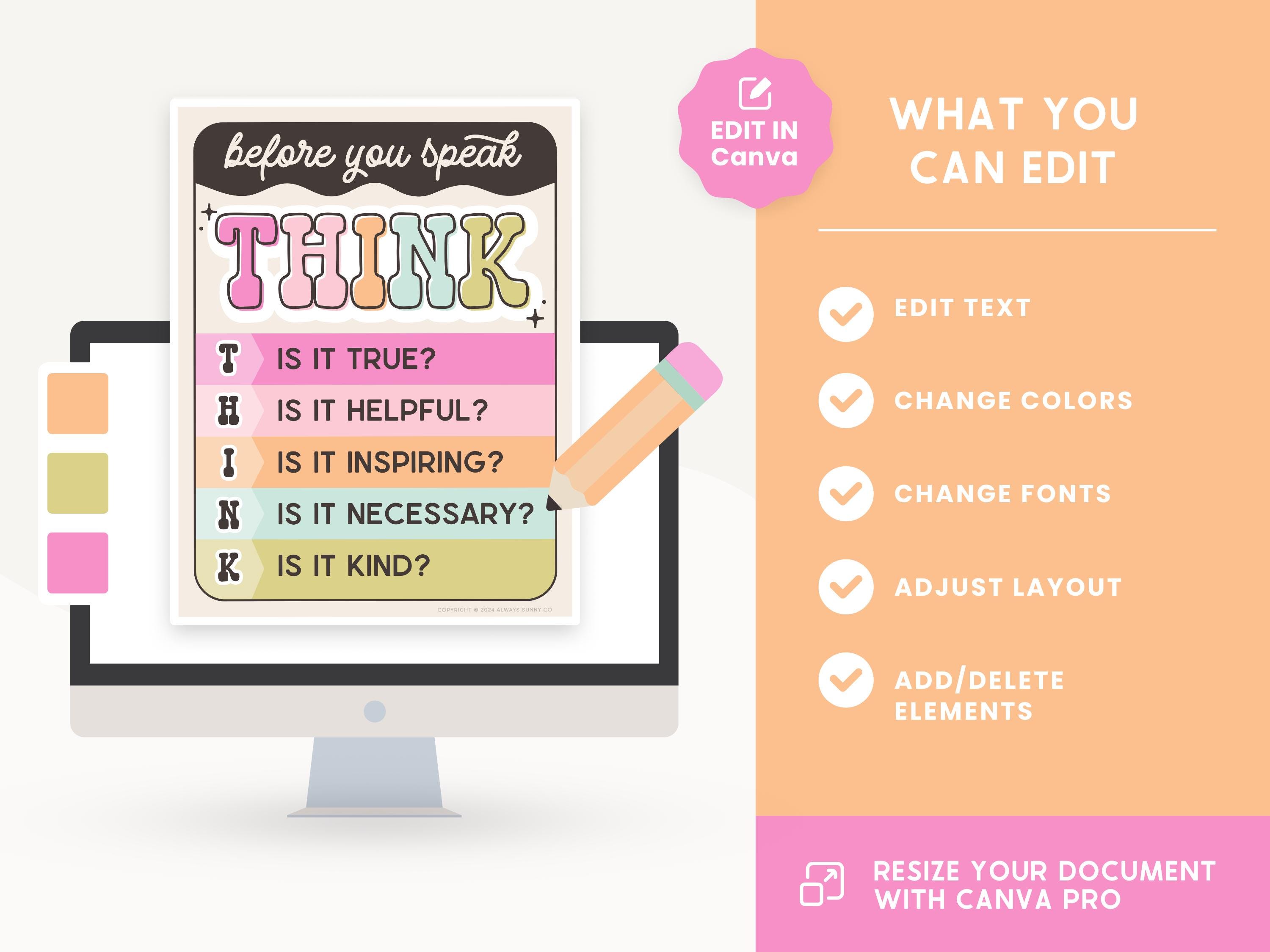 Editable Think Classroom Printable Posters, Think Before You Speak ...
