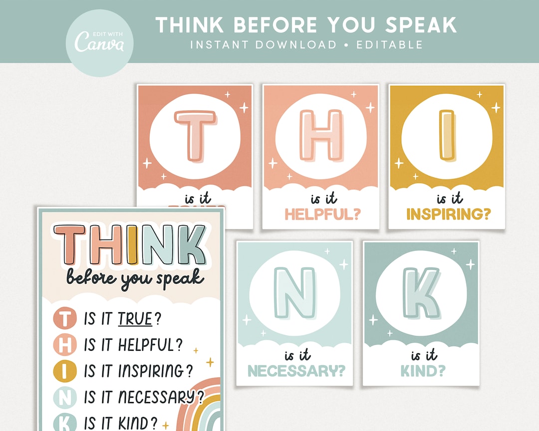 Editable Think Classroom Printable Posters, Think Before You Speak ...