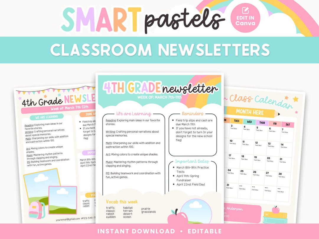 Classroom Newsletter Editable Templates, Back to School, Calendar ...