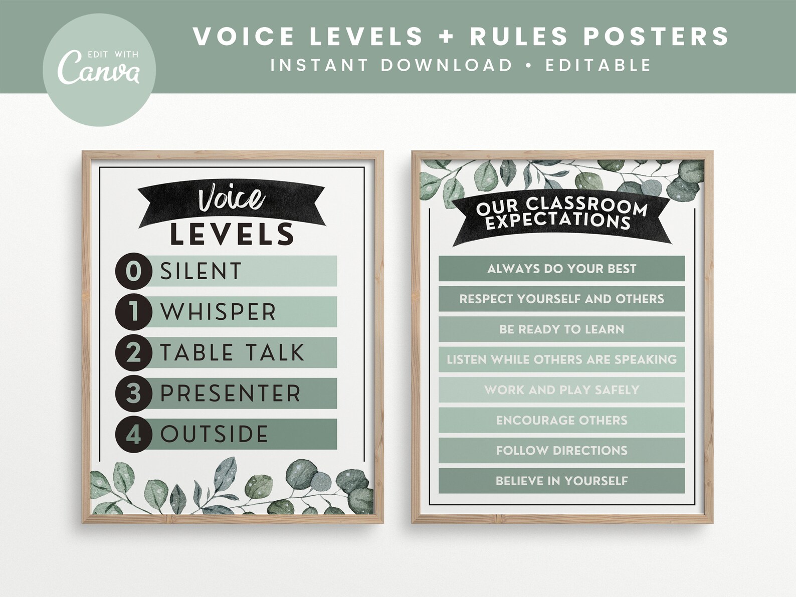 Voice Level Chart Classroom Printable Poster, Editable in Canva, Boho ...