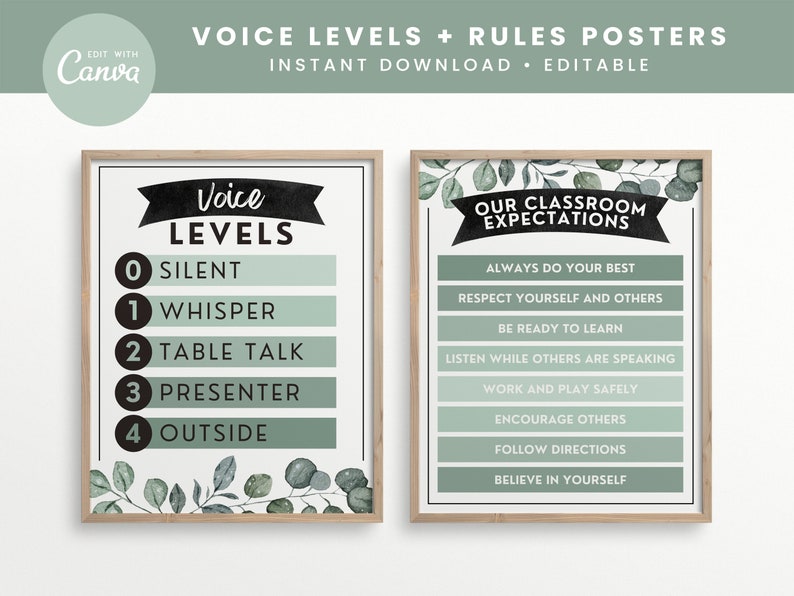 Voice Level Chart Classroom Printable Poster, Editable in Canva, Boho ...