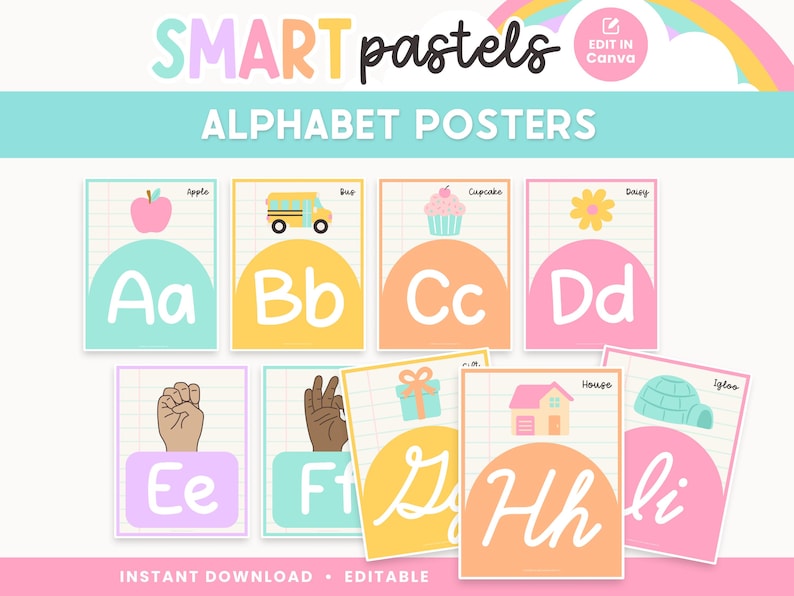 Alphabet Classroom Editable Posters, ASL Letter Templates, Cute Rainbow ...