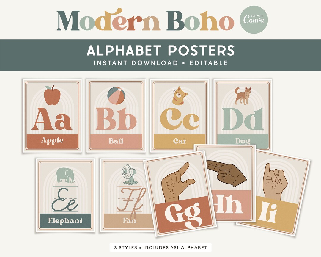 Alphabet Classroom Editable Posters, Letter Templates, Boho Canva ...