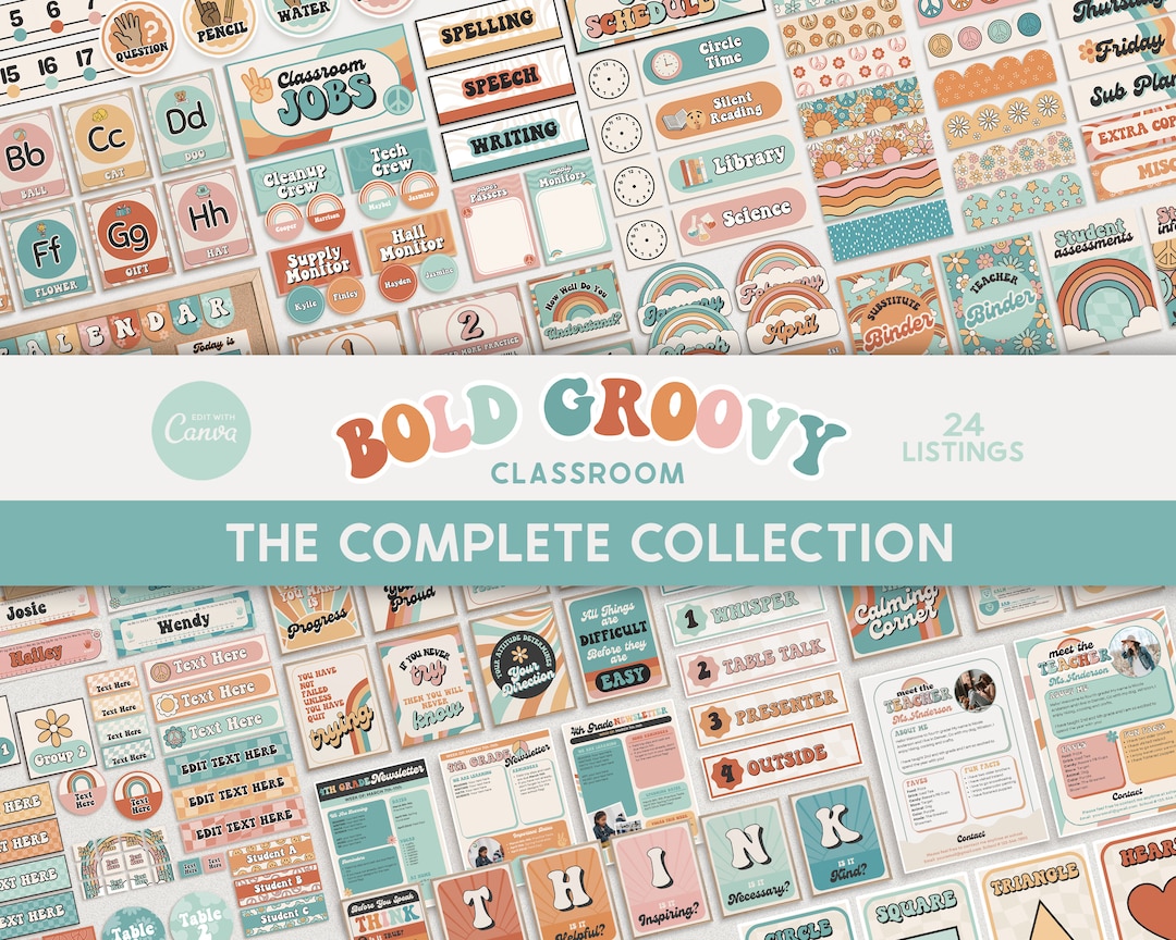 Editable Classroom Groovy Retro Complete Collection Printable Bundle ...
