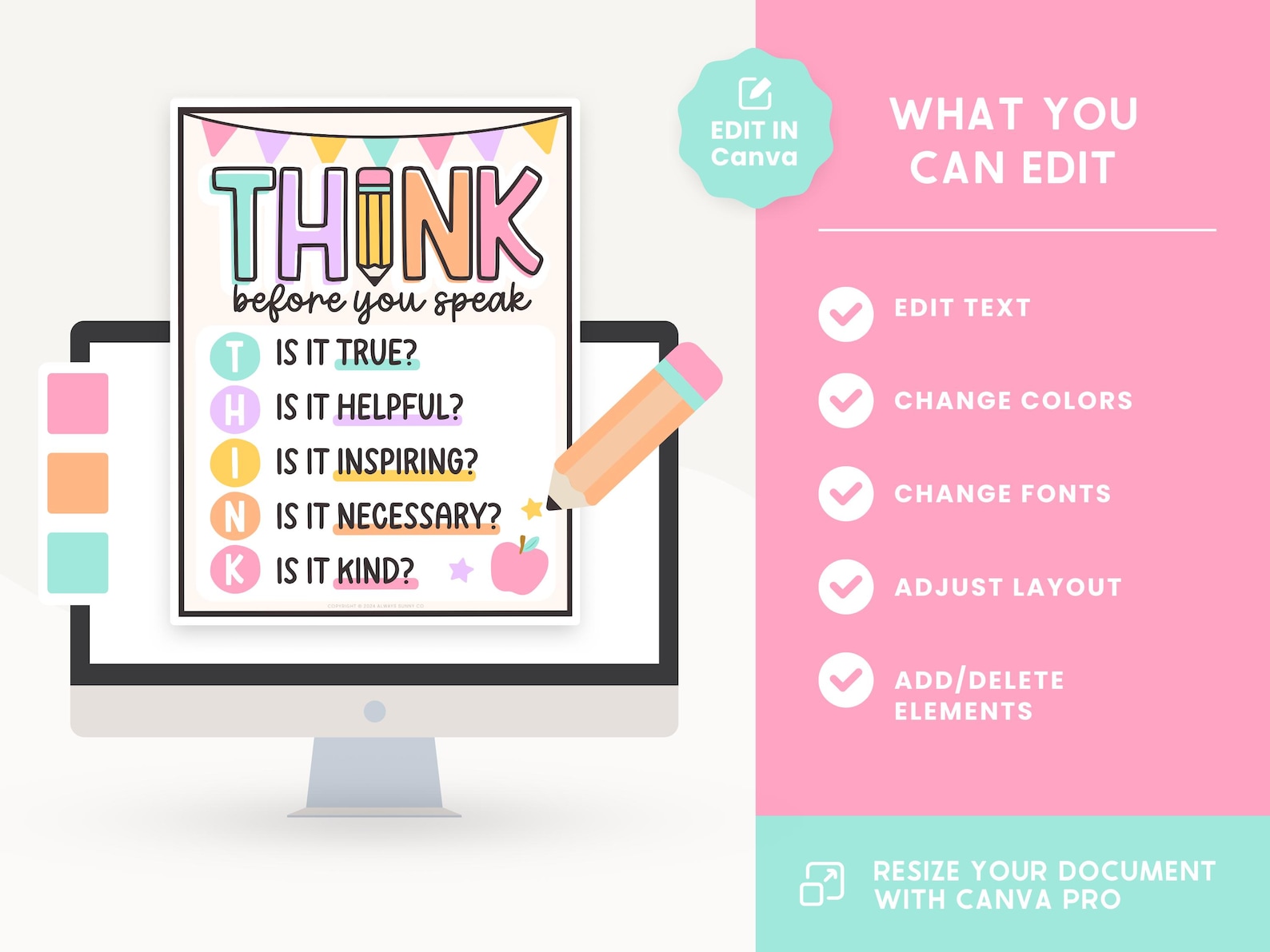 Editable Think Classroom Printable Posters, Think Before You Speak ...