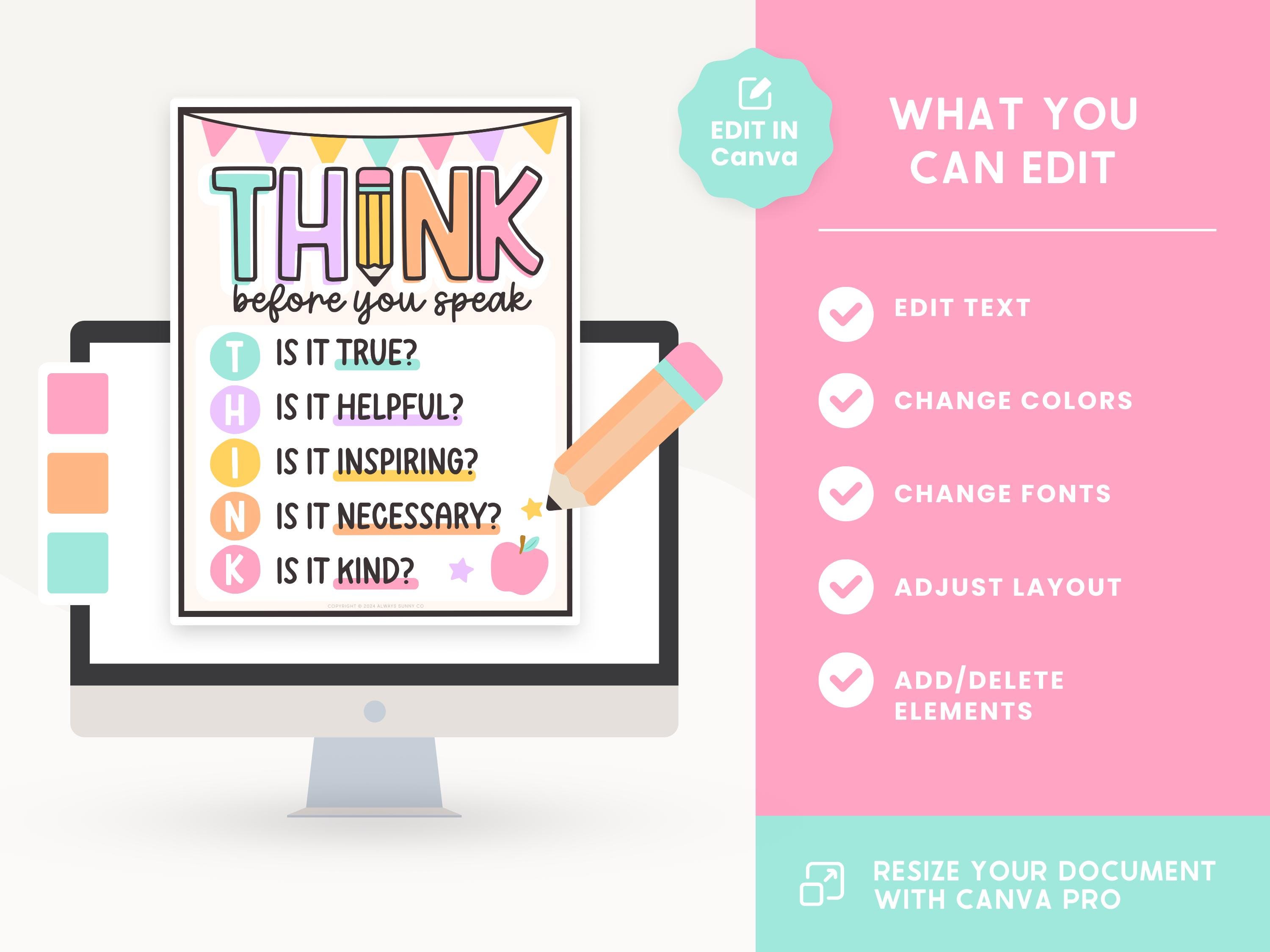 Editable Think Classroom Printable Posters, Think Before You Speak ...