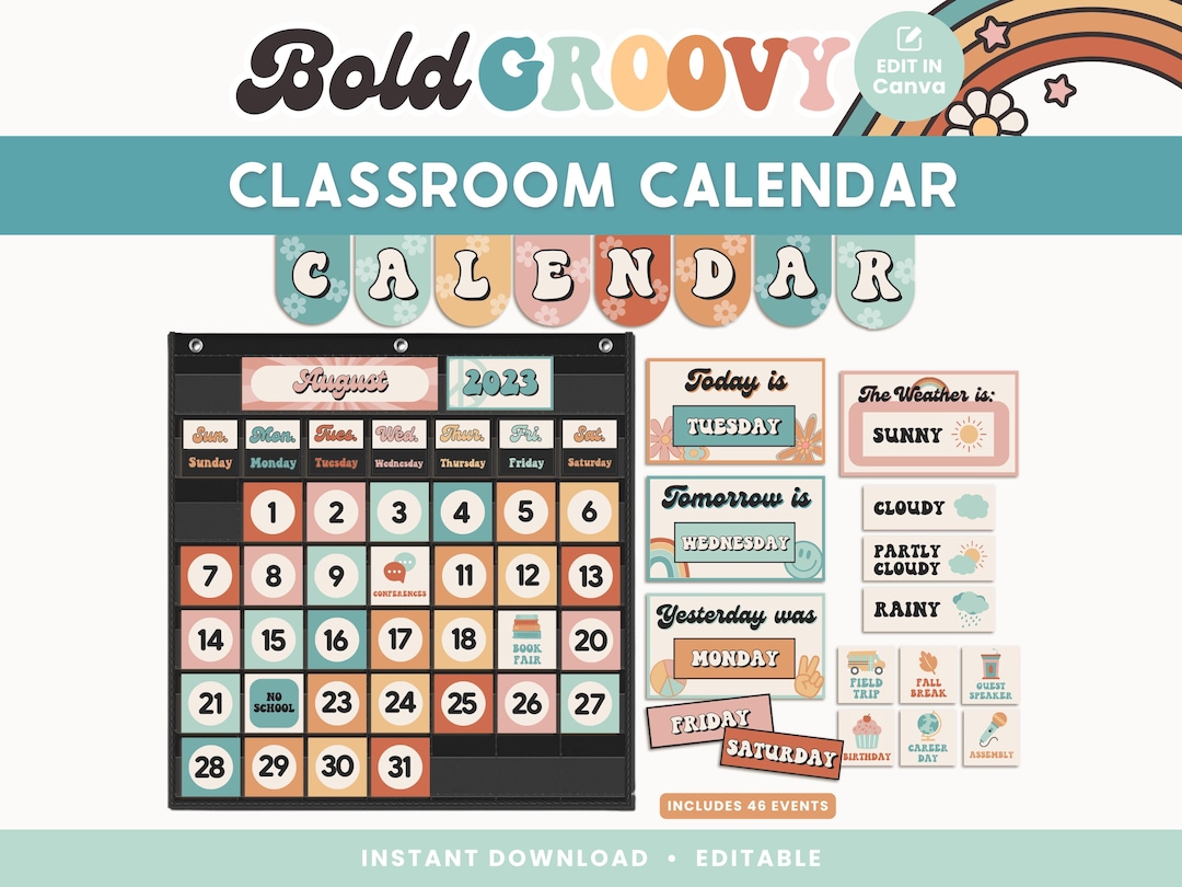 Classroom Calendar Display and Weather Station, Printable Groovy Retro ...