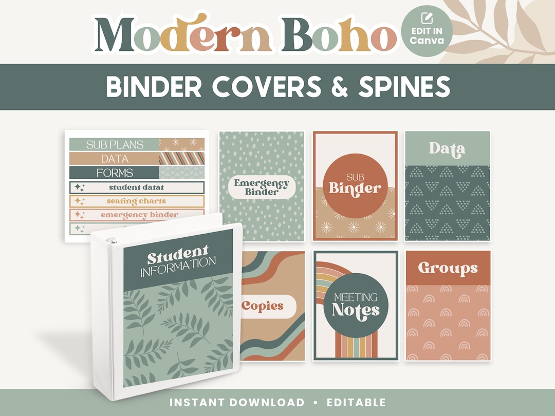 Classroom Binder Covers and Spines, Editable Modern Boho Teacher ...