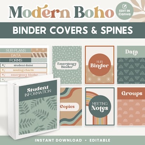Classroom Binder Covers and Spines, Editable Modern Boho Teacher ...