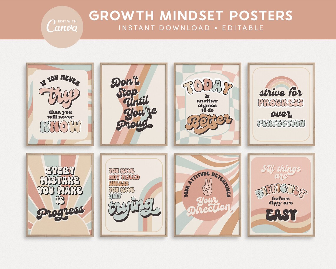Growth Mindset Editable Classroom Printable Posters, Groovy Retro ...