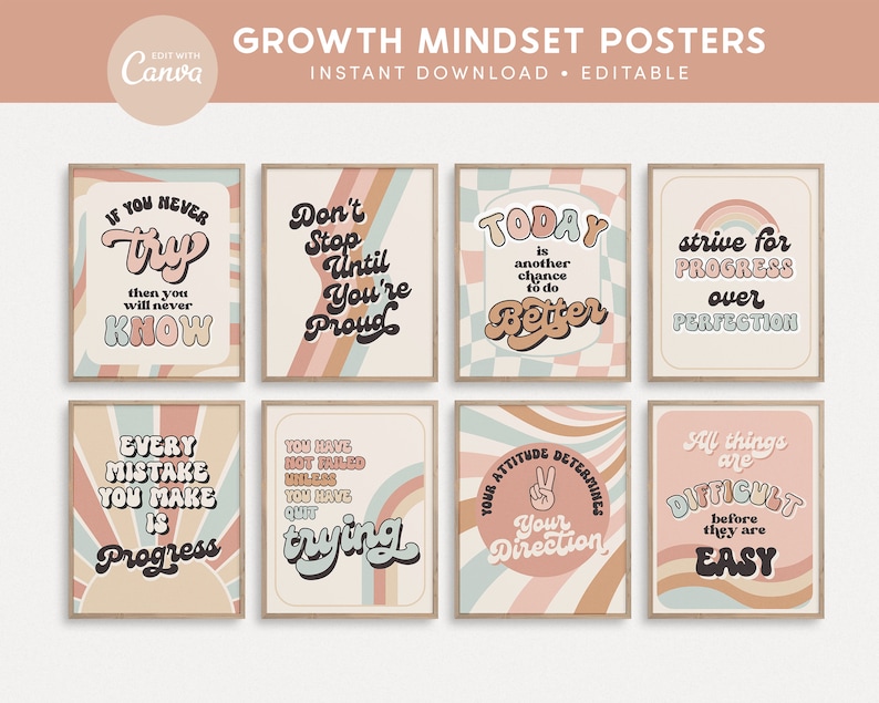 Growth Mindset Editable Classroom Printable Posters, Groovy Retro ...