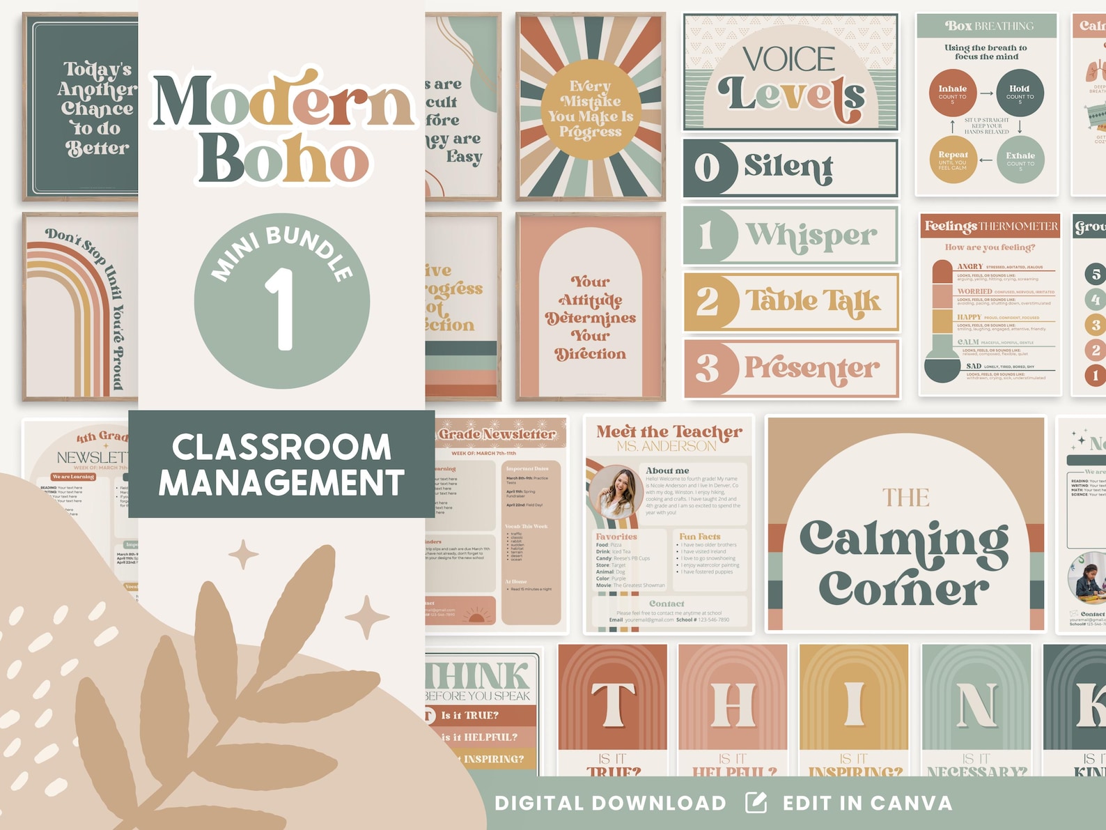Editable Classroom Management Printable Bundle, Modern Boho Canva ...
