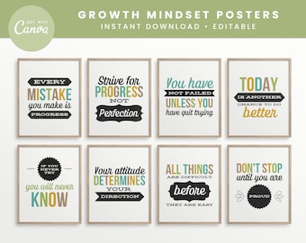Editable Growth Mindset Classroom Printable Posters, Boho Canva ...