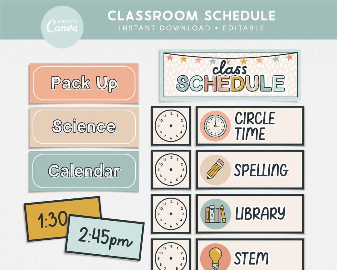 Classroom Schedule, Editable Pastel Canva Template, Soft Clouds Cute ...