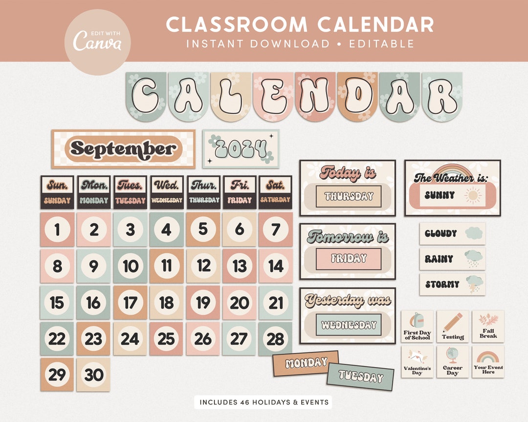 Classroom Calendar Display and Weather Station, Printable Pastel Groovy ...
