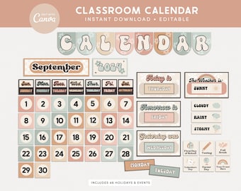 Classroom Calendar Display printable Groovy Retro Classroom Decor Pdfs ...