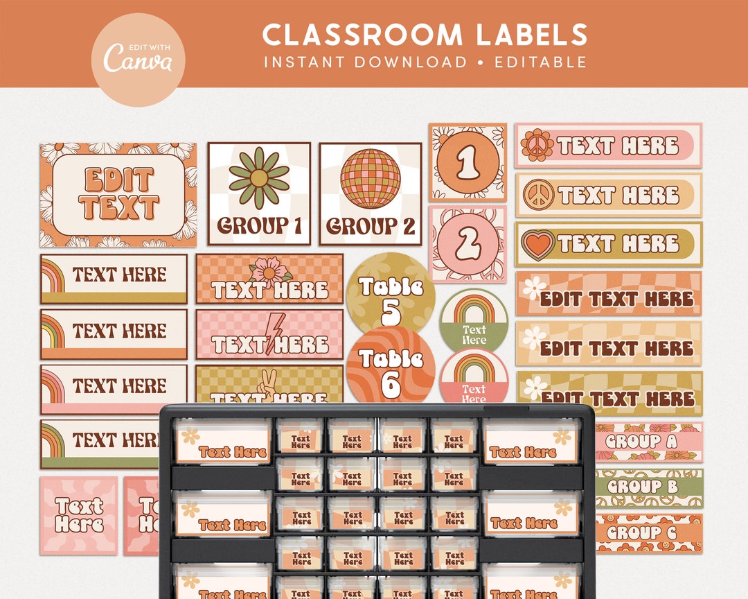 Classroom Labels Editable Templates, Retro Sunshine Classroom ...