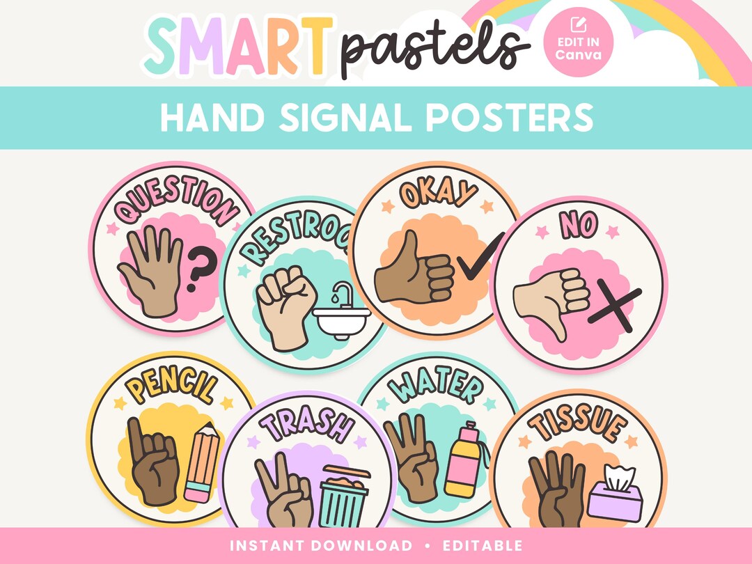 Classroom Hand Signals Poster Display, Editable in Canva, Bright ...