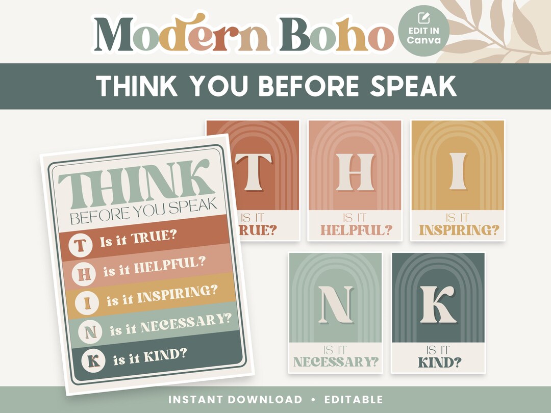 Think Before You Speak Editable Classroom Posters, Printable Canva Boho ...