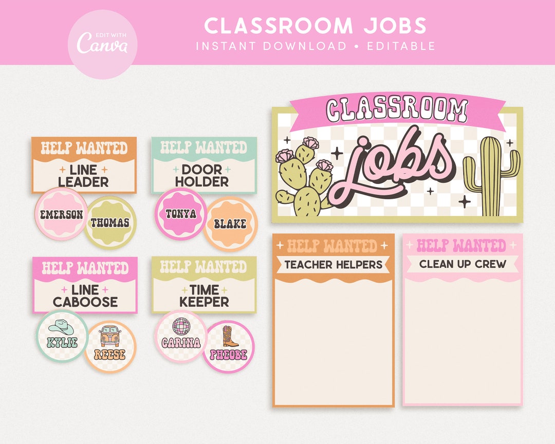 Classroom Job Display, Editable Retro Canva Templates, Bright Desert ...