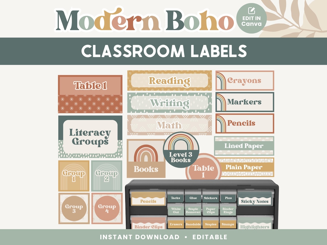 Classroom Labels Editable Templates, Modern Boho Classroom Organization ...