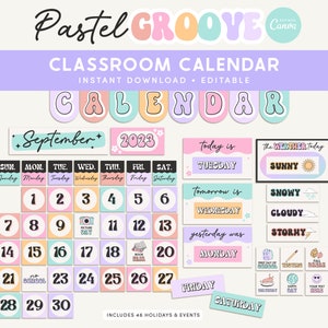 Classroom Calendar Display and Weather Station, Printable Retro Pastel ...
