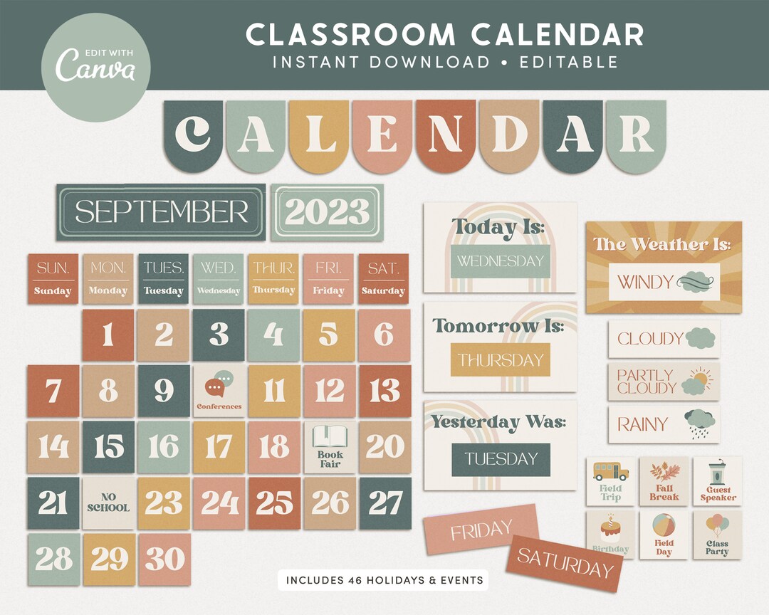 Classroom Calendar Display and Weather Station, Printable Modern Boho ...