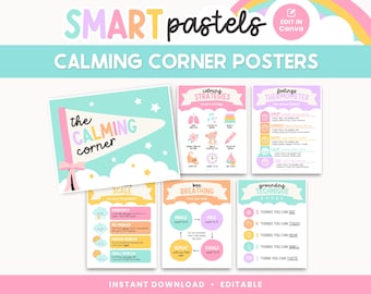Calming Corner Editable Classroom Printables, Calm Down Skills, Bright ...