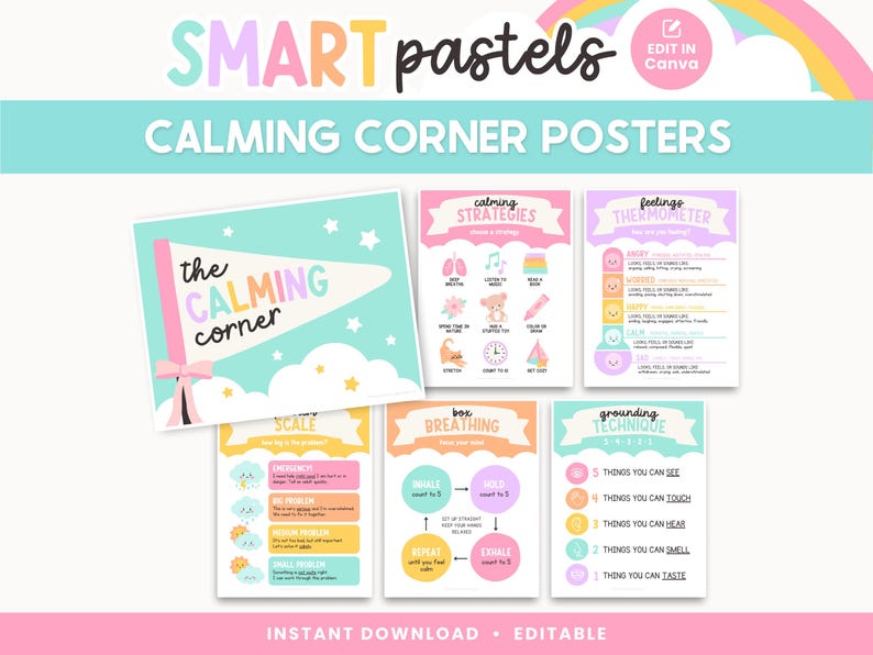 Calming Corner Editable Classroom Printables, Calm Down Skills, Bright ...
