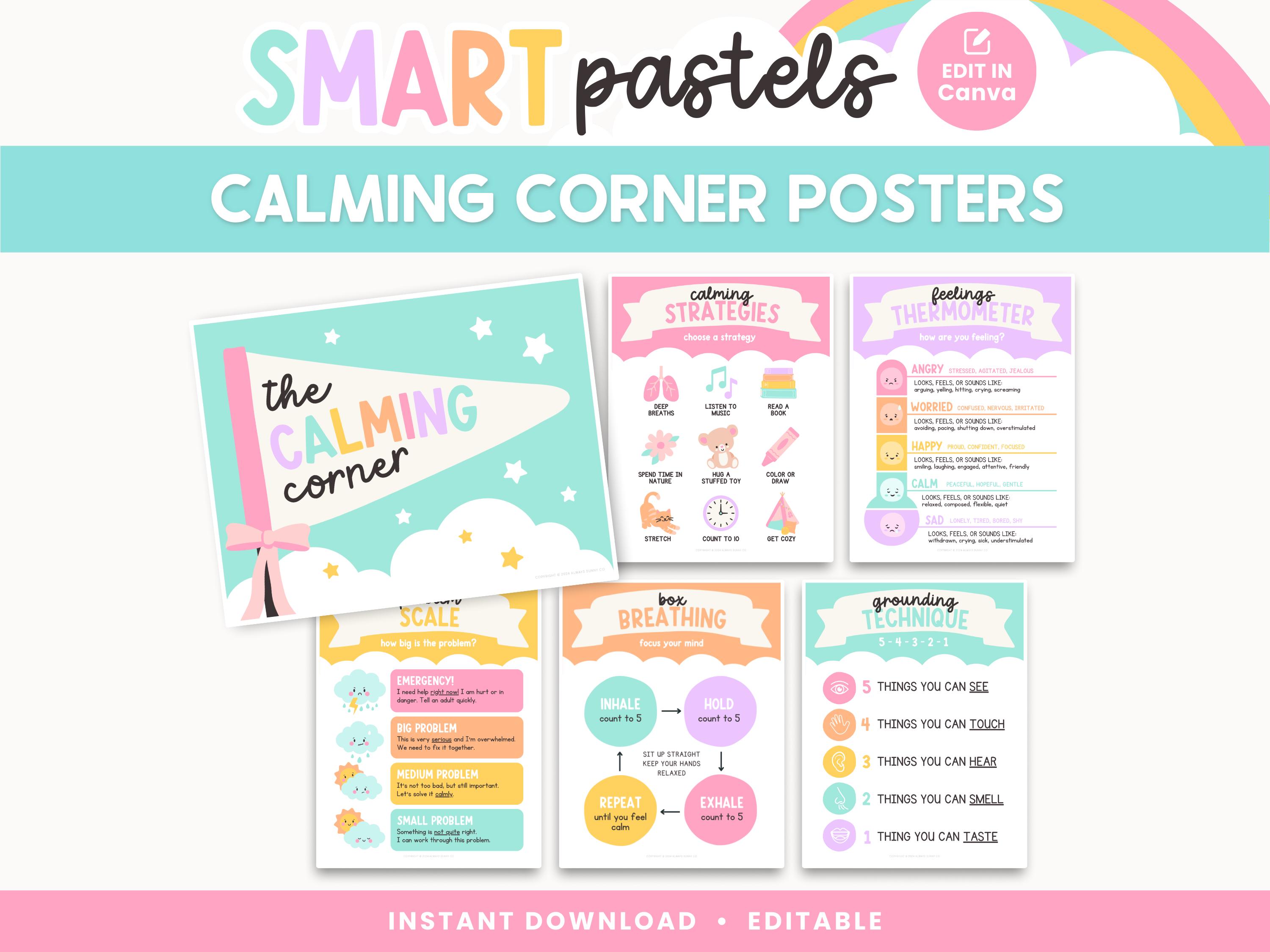 Calming Corner Editable Classroom Printables, Calm Down Skills, Bright ...