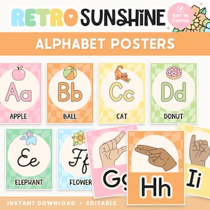 Retro Sunshine Alphabet Posters | Editable Canva ABC Wall Cards With ...