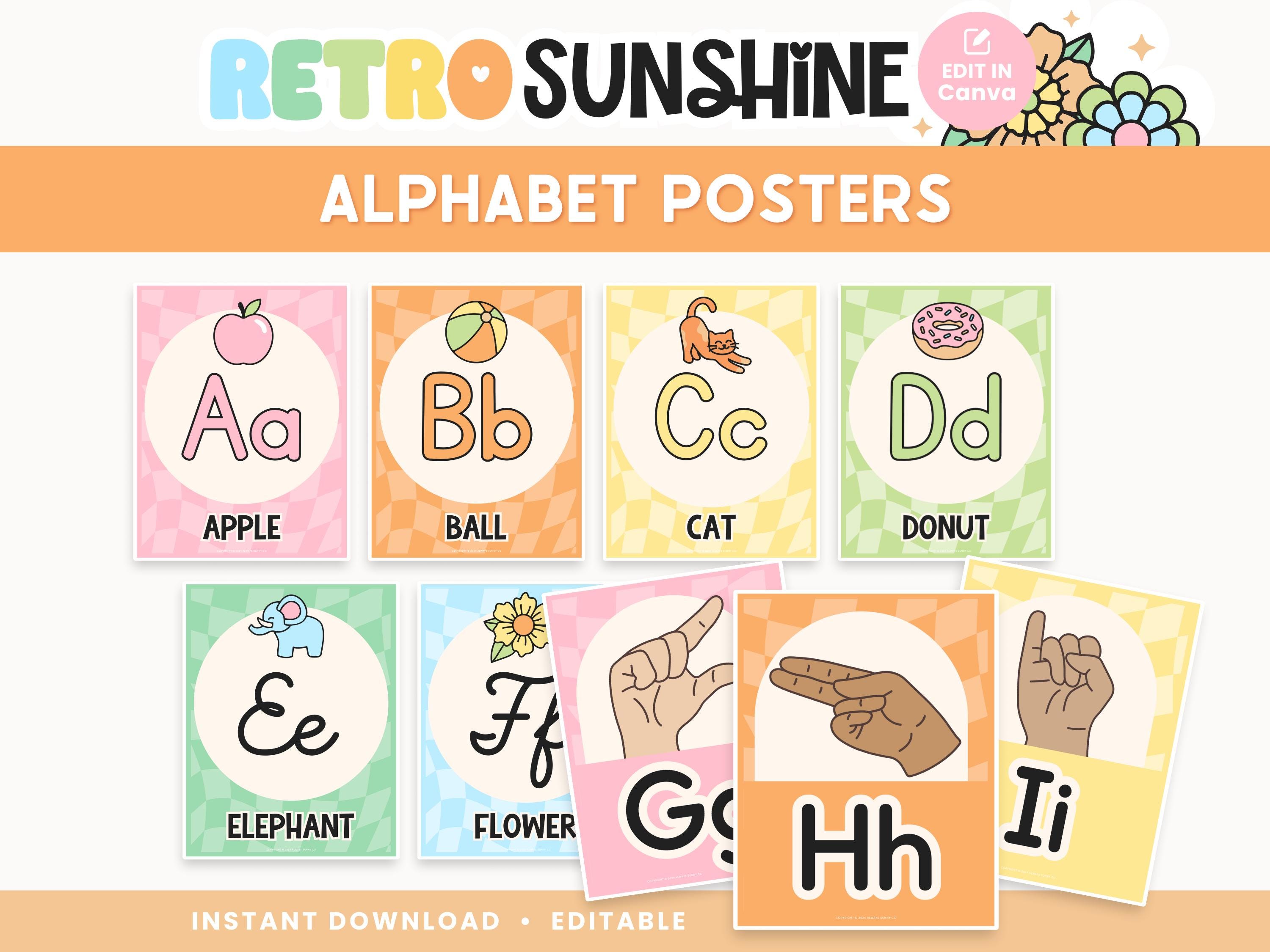 Retro Sunshine Alphabet Posters | Editable Canva ABC Wall Cards With ...